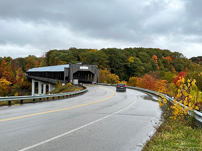The magnificent Smolen-Gulf Covered Bridge spans not just water but time itself, connecting modern travelers to Ohio's rich architectural heritage.