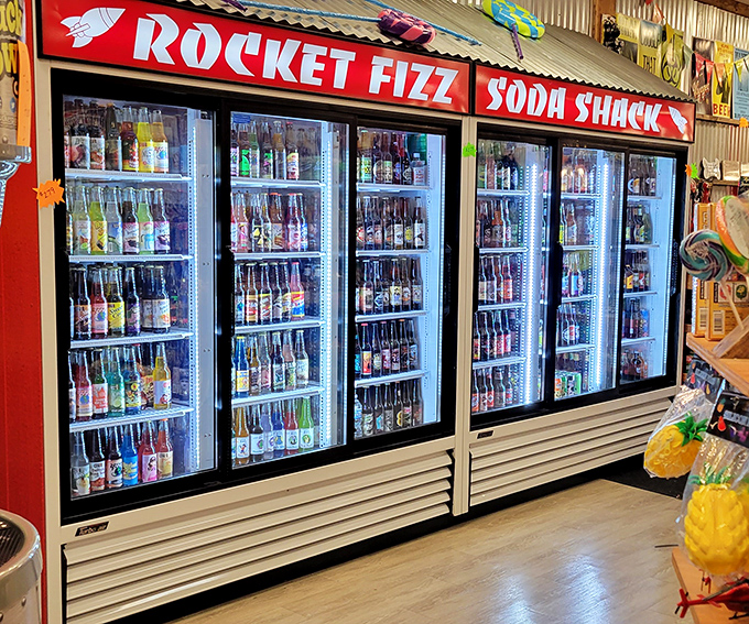 Soda sommelier's dream! Rocket Fizz's wall of fizzy possibilities offers flavors you haven't seen since childhood, from classic root beers to bizarre bacon sodas.