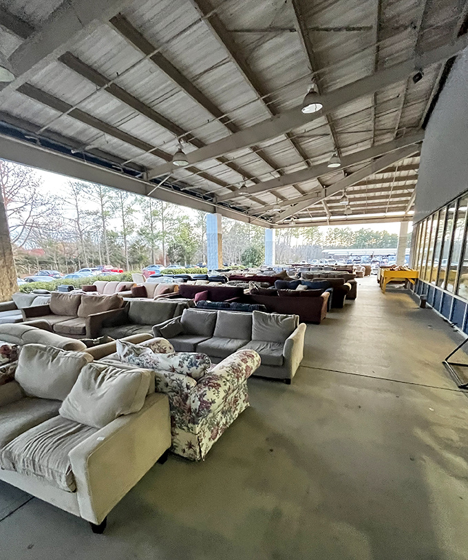 Sofa safari under the covered pavilion. That floral print loveseat might just be the conversation piece your living room desperately needs.