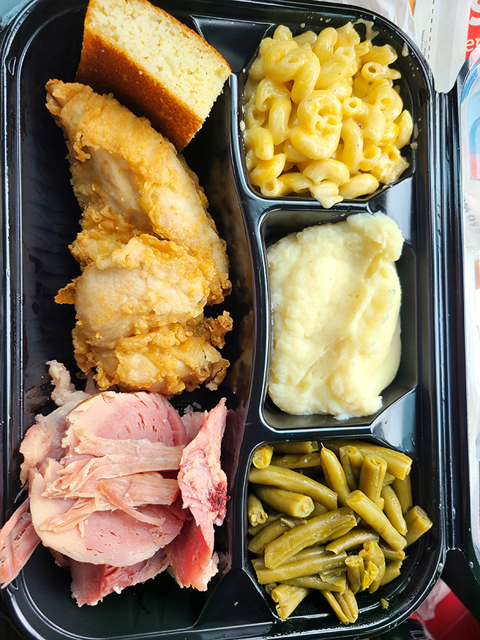 The to-go container might be modern, but what's inside is timeless&mdash;fried chicken, ham, and sides that make you want to hug the cook.