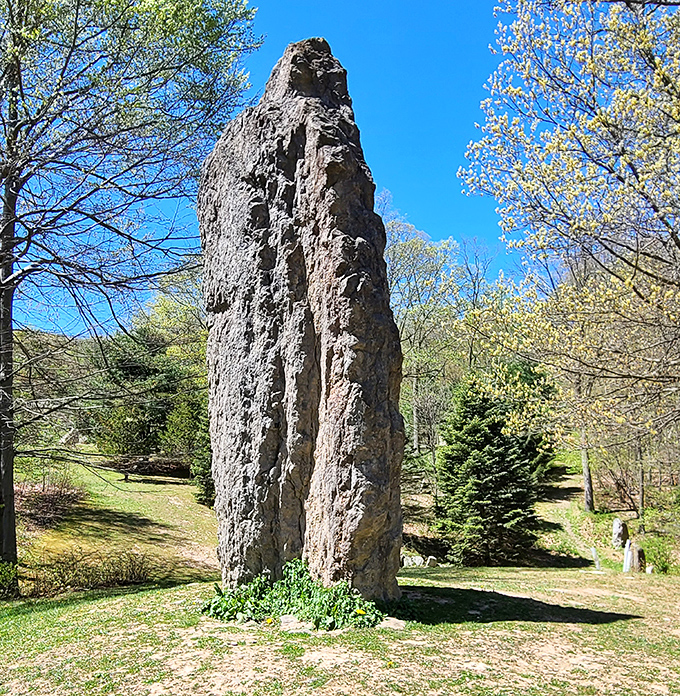 This towering monolith commands attention against the spring sky. Standing tall for centuries, it's seen more Pennsylvania seasons than any living resident.