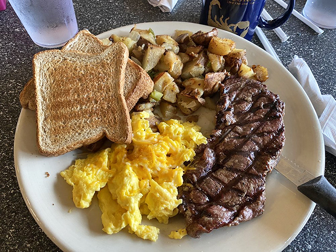Steak and eggs – the breakfast of champions, or at least the breakfast of people who plan to skip lunch and possibly dinner too.