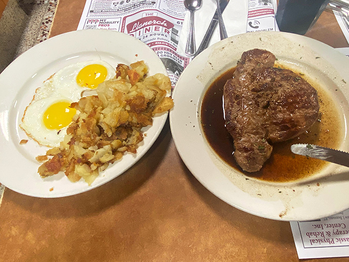 When steak meets eggs, magic happens - this plate proves breakfast can be seriously satisfying.