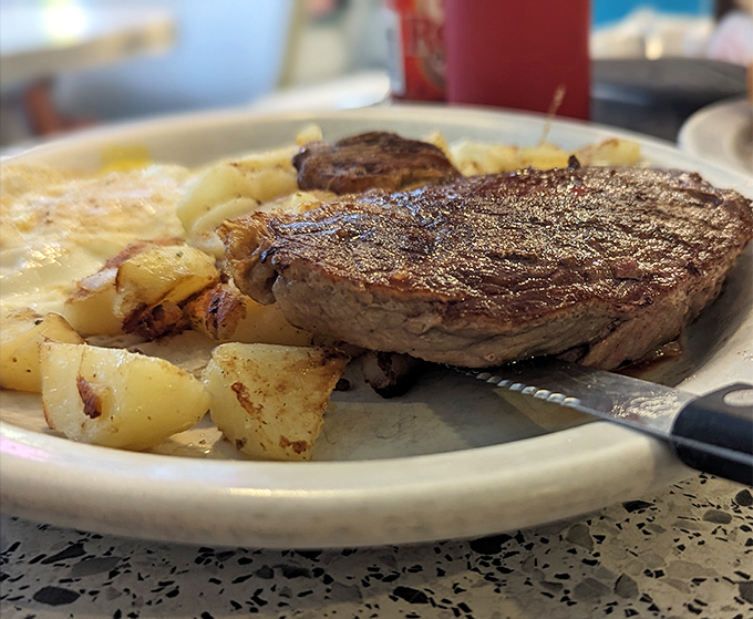 Steak and eggs: the breakfast of champions and people who plan to skip lunch. That sear would make even a vegetarian pause.