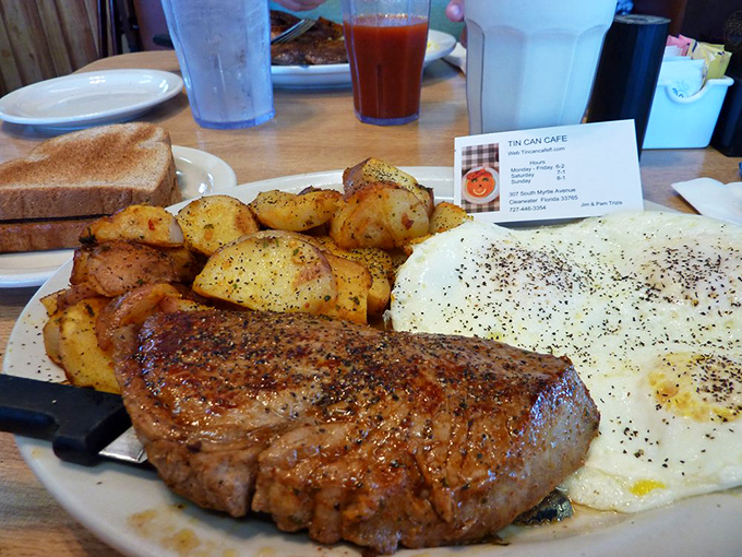 This steak and eggs plate doesn't just break the fast—it demolishes it. Those home fries are the unsung heroes of this breakfast symphony.