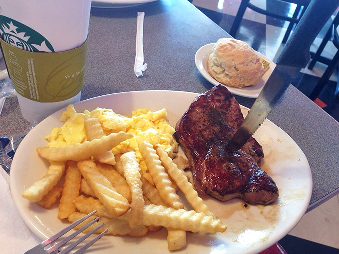 Steak and eggs: the breakfast of champions and anyone who plans to skip lunch. Those crispy fries are the supporting actors who steal the scene.