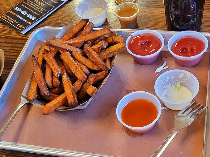 Sweet potato fries with a lineup of sauces &ndash; like speed dating for your taste buds. Each dip reveals a new personality.