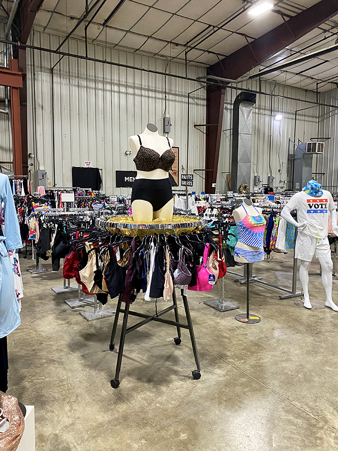 The clothing section reveals Anderson Bargain Bins isn't just about gadgets—it's a full-fledged department store that forgot to hire a decorator.