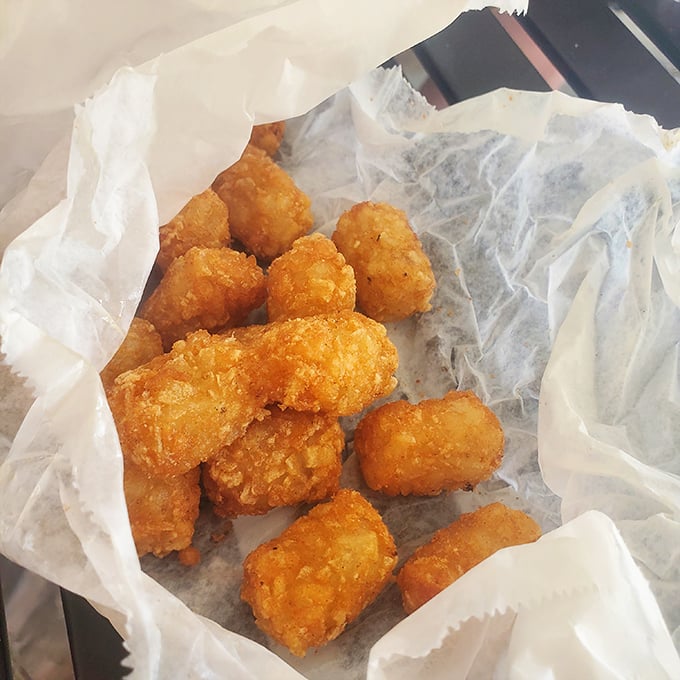 Golden-brown tater tots that crunch like childhood memories, served in paper that barely contains their glory. Diet plans surrender at first bite.