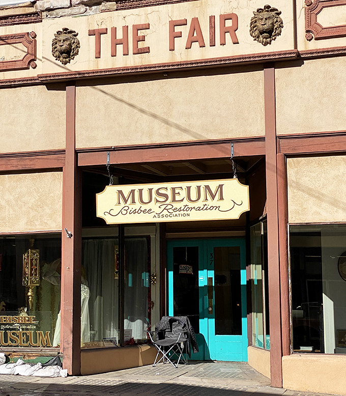 The Fair now houses the Bisbee Restoration Museum instead of dry goods and mining supplies. That turquoise door is practically begging you to step into the past.