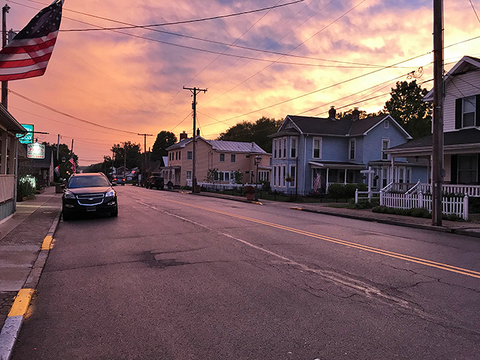 Sunset bathes Waynesville's residential streets in golden light, turning ordinary homes into something from a Hallmark movie's opening scene.