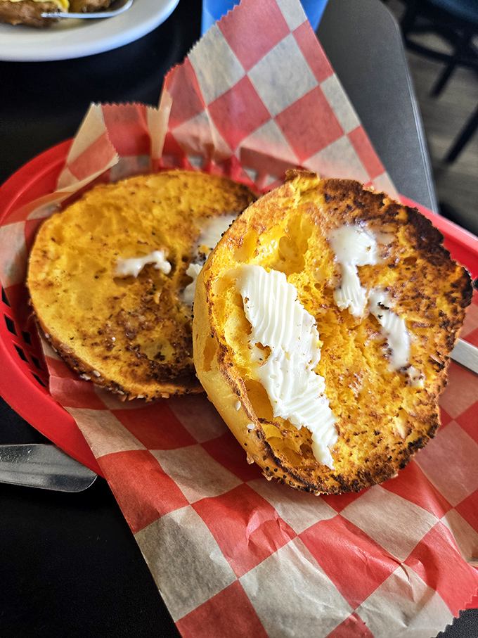 That perfect golden-brown crust on this toasted bagel is what separates the bagel royalty from the pretenders.