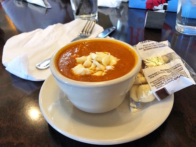 This isn't just tomato soup&mdash;it's a bowl of liquid comfort topped with melty cheese islands. Pair it with anything on the menu for instant happiness.