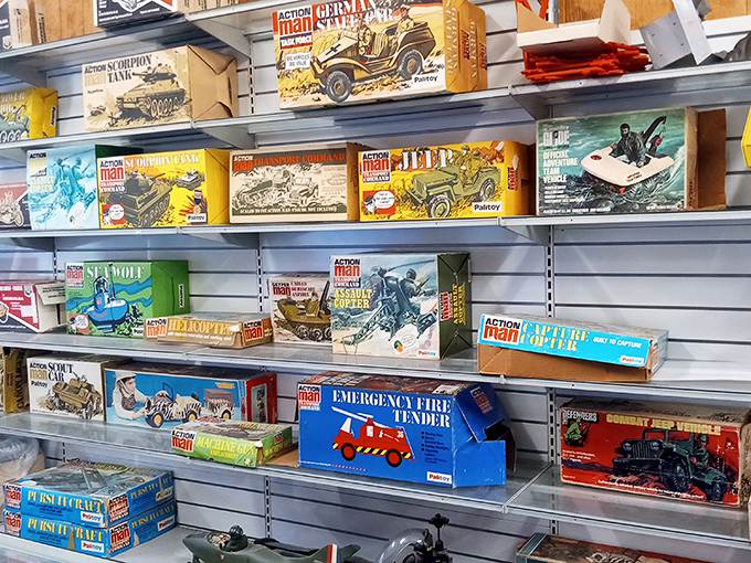 Action Man to the rescue! These vintage toy boxes showcase childhood dreams from decades past, when imagination powered playtime more than batteries ever could.