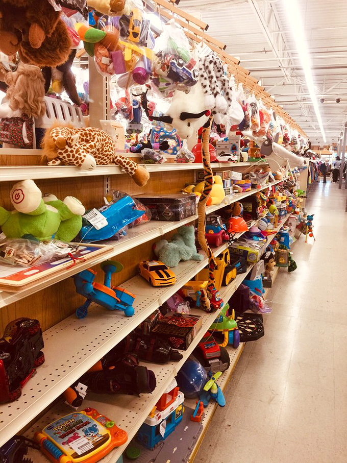 Stuffed giraffes and plastic trucks stand at the ready, waiting for second chances with new children who won't care they're not in original packaging.