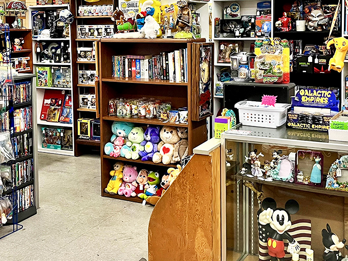 Stuffed animals and action figures stand at attention, waiting for new homes. Childhood memories aren't just preserved here&mdash;they're ready for adoption.