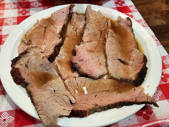 Tri-tip sliced with the precision of a surgeon and the tenderness that makes you wonder if the cow was massaged daily with butter.