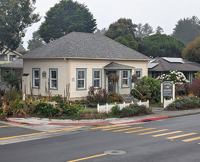 The Trinidad Art Gallery stands as a cheerful sentinel of creativity, its white picket fence practically begging you to come inside.