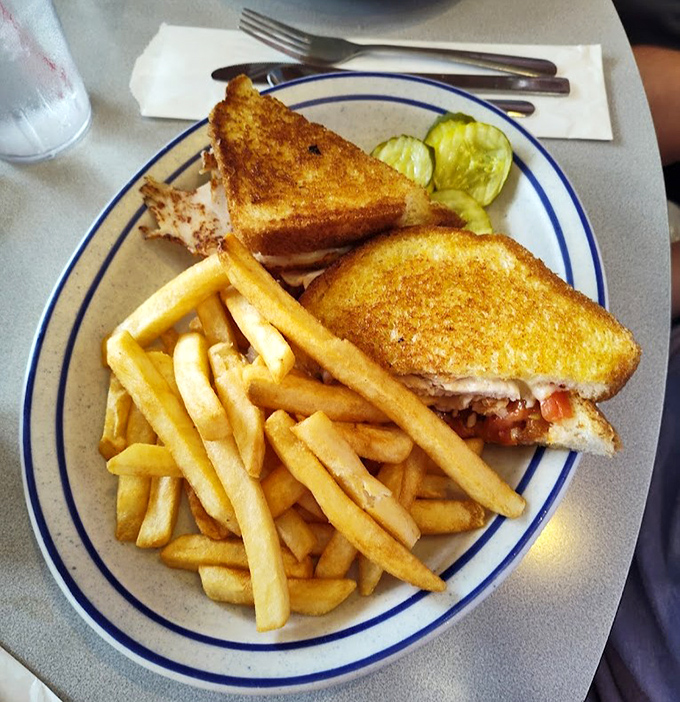 A turkey melt that understands the importance of proper cheese-to-bread ratio. Paired with those crispy fries, it&rsquo;s the lunch equivalent of a warm hug.