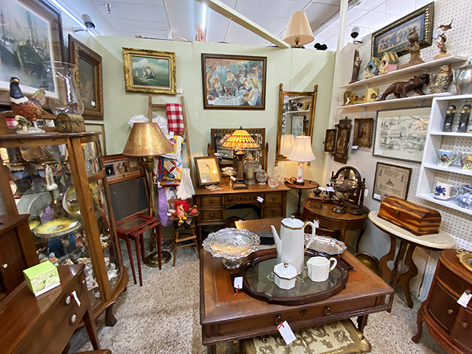 A perfectly staged vignette that whispers, "Your home could look this interesting." Forget minimalism&mdash;maximalism with vintage flair is calling your name.