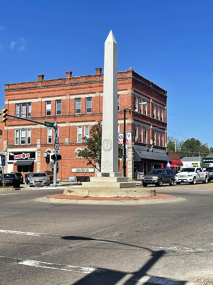 The Victory Shaft monument stands tall in the town square, surrounded by historic buildings that have witnessed generations of Mount Gilead stories unfold.