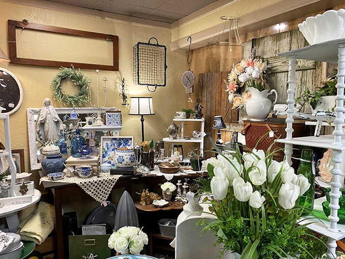 A symphony in blue and white, where every teapot and figurine seems to be waiting for its starring role in someone's curated collection.