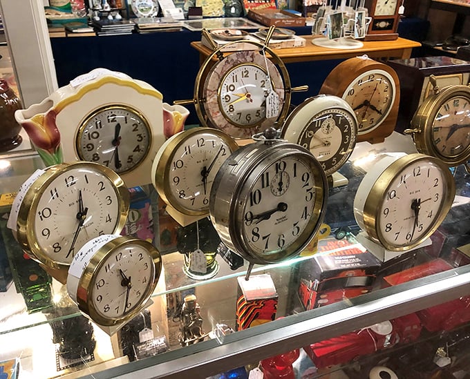 Time literally stands still in this display case. Vintage alarm clocks that once roused Greatest Generation workers now await second lives on hipsters' nightstands.