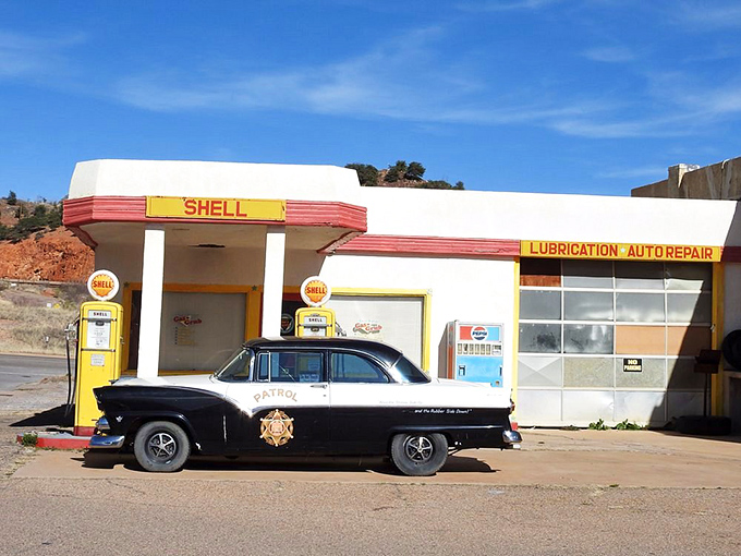 This vintage Shell station with its classic police car could be straight from a Norman Rockwell painting. Americana preserved in three dimensions.