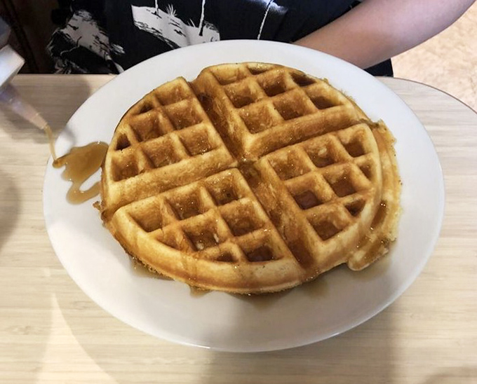 Golden-brown waffle perfection that makes you wonder why anyone bothers with fancy brunch spots when this plate of happiness costs a fraction.