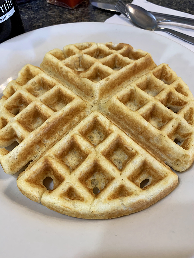 The waffle grid system: perfectly engineered to hold maximum syrup while maintaining structural integrity. Architecture and breakfast, beautifully combined.