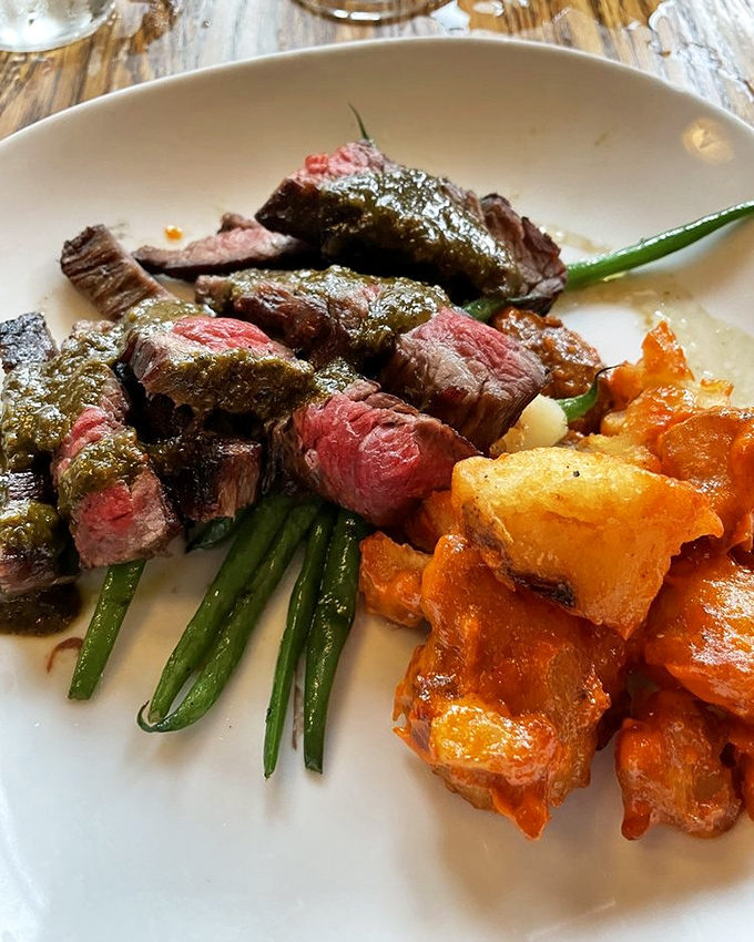 Wagyu flank steak cooked to that magical sweet spot between rare and medium-rare. The green beans are just there to make you feel virtuous.