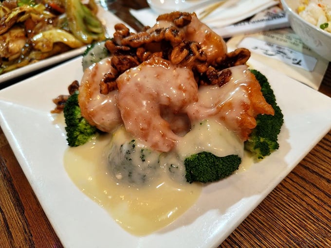 Walnut shrimp that makes you question why you've wasted time eating anything else. The creamy sauce meets crispy texture in perfect harmony.