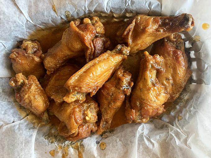 Golden-brown wings that look like they've been taking tanning lessons from Florida retirees&mdash;perfectly crisp outside, juicy inside, and ready for dunking.