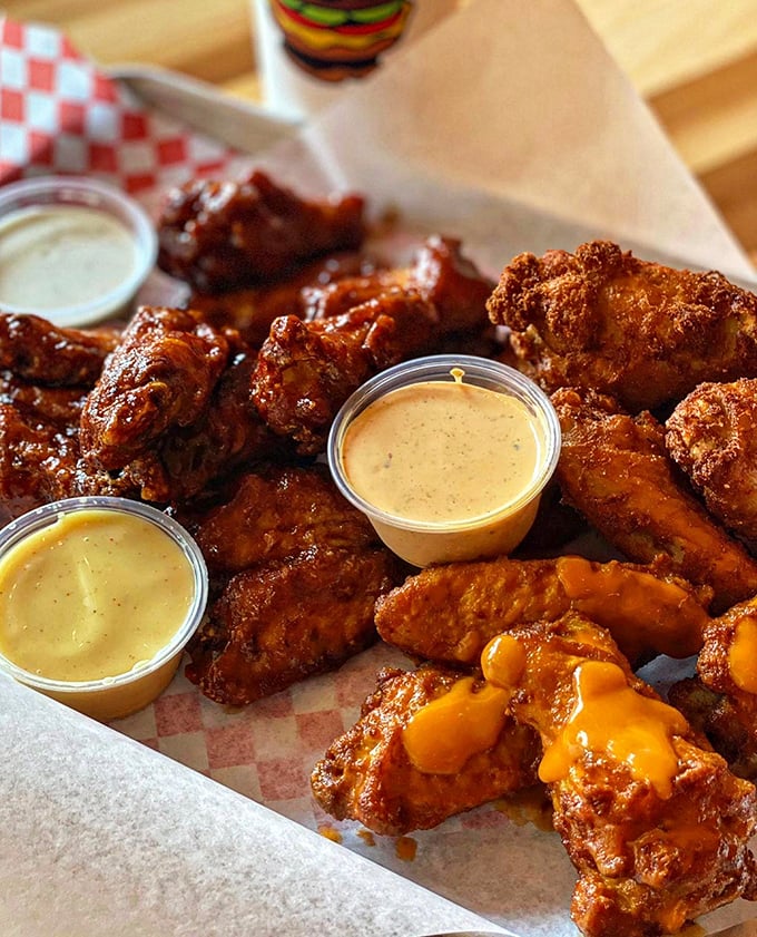 These wings aren't playing around &ndash; crispy, saucy, and served with dipping options that make sharing an act of true friendship.