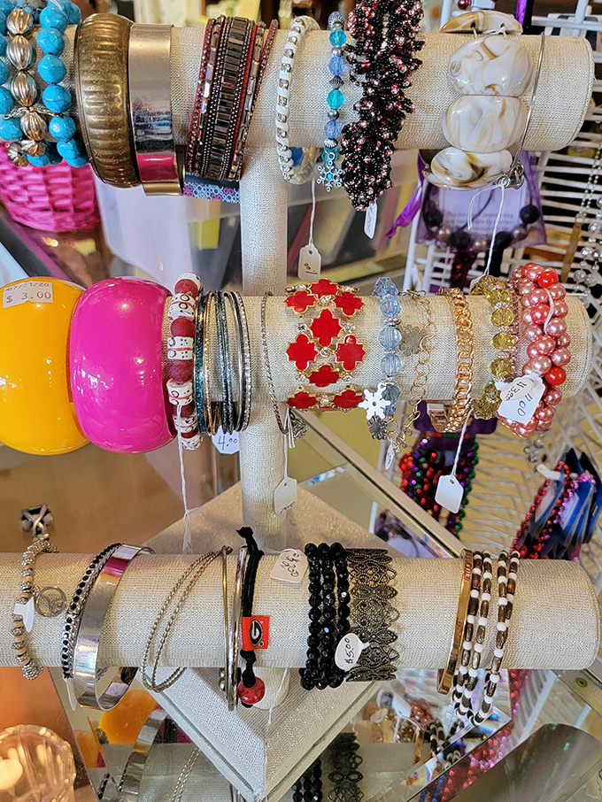 Accessories galore! These colorful bracelets and necklaces are like a jewelry box explosion, waiting to adorn new wrists and necks.
