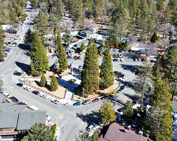 Bird's eye view of Idyllwild reveals its perfect mountain town layout. Those towering pines look like they're playing a game of "protect the village."