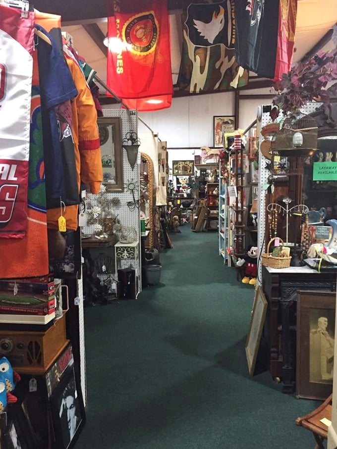 Sports memorabilia and vintage flags create a colorful timeline of American passions. That Marine Corps banner has stories it's just waiting to tell.