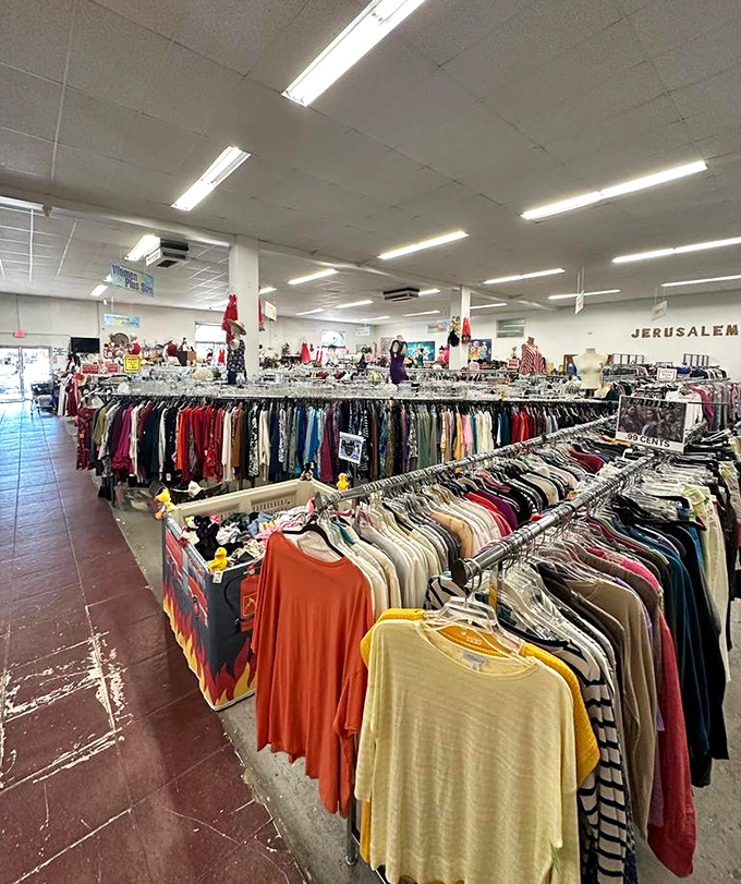 Clothing racks create a textile rainbow that would make Joseph and his technicolor dreamcoat jealous. Treasures hide in plain sight.