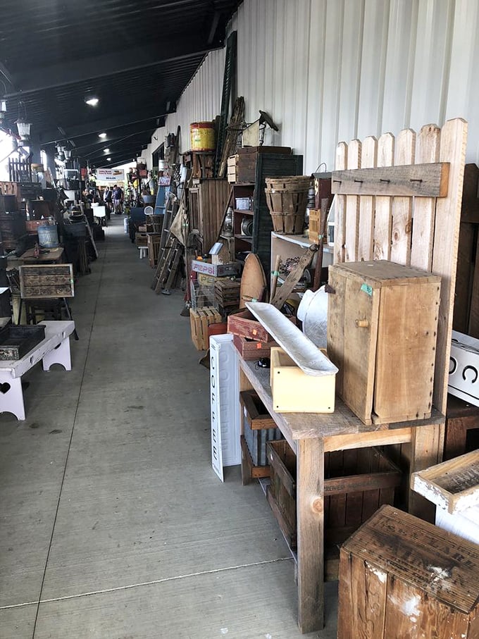 Weathered wood, vintage crates, and farmhouse finds create the ultimate picker's paradise. Marie Kondo would have a panic attack, but treasure hunters feel right at home.