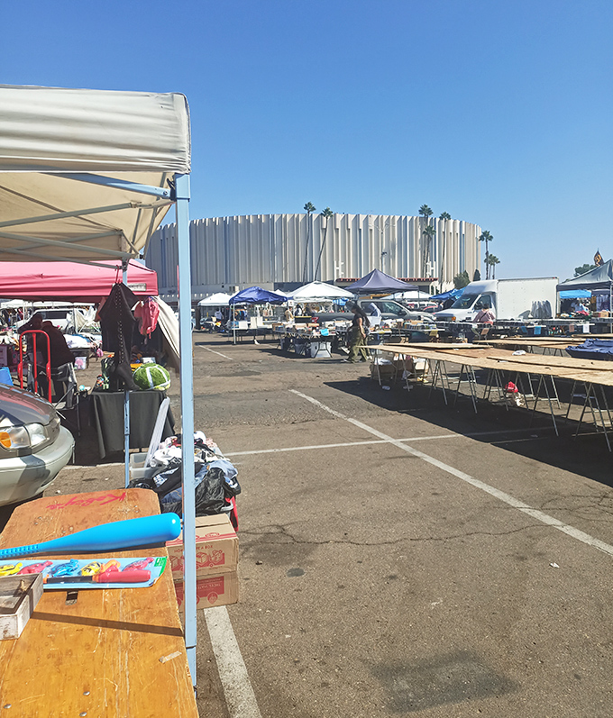 Early morning at Kobey's&mdash;the calm before the bargain-hunting storm. The Sports Arena looms in the background like a sentinel of commerce.