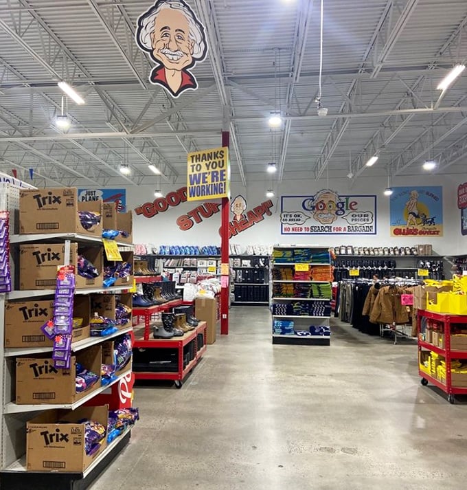 Boxes of Trix cereal stand at attention like sugary soldiers, while the "Good Stuff Cheap" sign reminds you why you came.