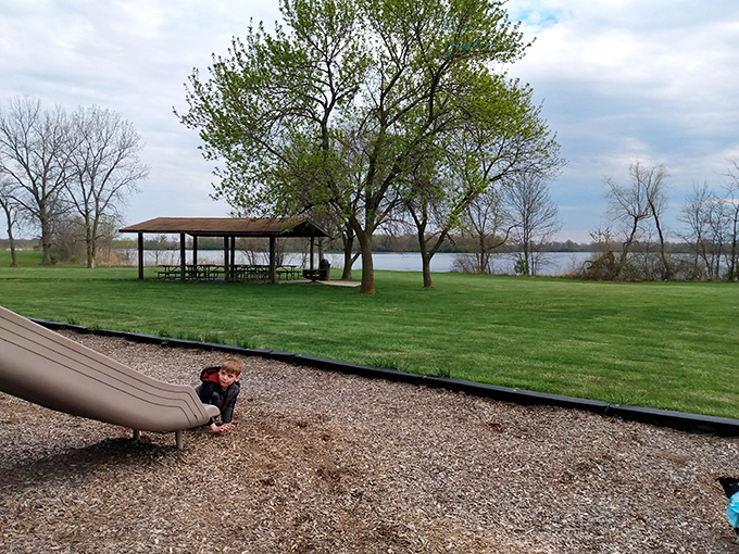 The park's playground and picnic area &ndash; where kids burn energy and adults contemplate how slides aren't as fun with adult-sized bodies.