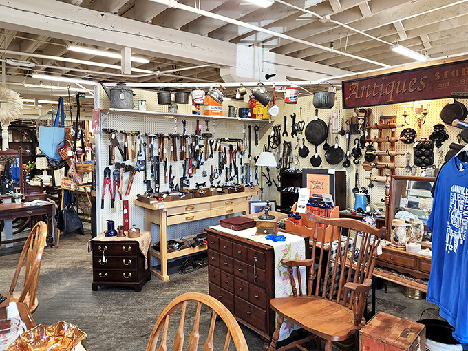 This booth feels like stepping into a workshop from another era, where tools hang like artifacts from when people fixed things instead of replacing them.