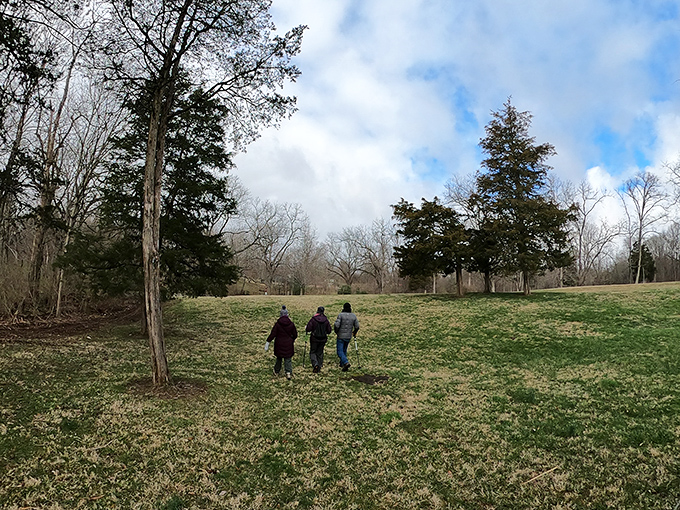 Three hikers traverse the spring meadow, demonstrating the universal truth that the best conversations happen while walking side by side.