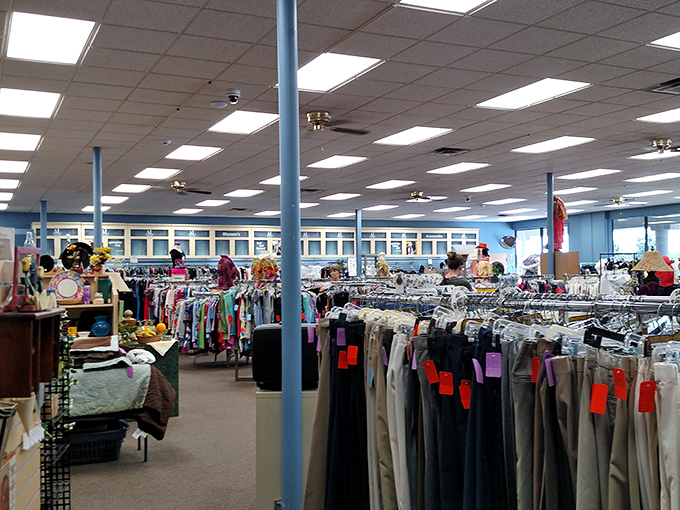 The blue walls serve as the perfect backdrop for this textile library where every garment has a previous chapter and awaits its sequel.