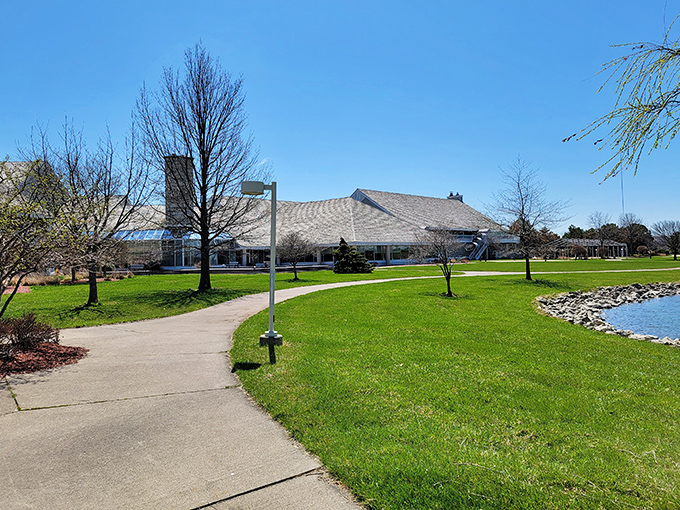 The Maumee Bay Lodge welcomes visitors with its sprawling, prairie-style architecture nestled perfectly into the natural landscape.