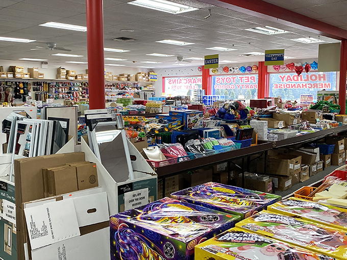 A bargain hunter's paradise viewed from the back. Like archaeological layers, each table reveals new potential discoveries.