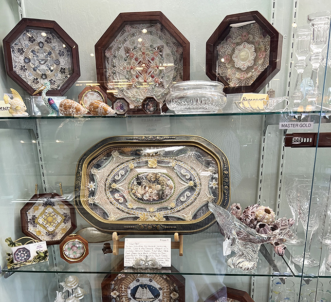 These intricate shellwork pieces in octagonal frames represent countless hours of Victorian patience &ndash; the original Pinterest projects before electricity was invented.