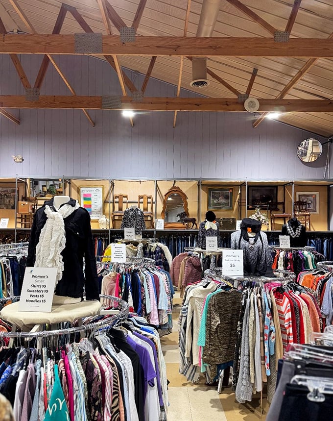 The women's clothing section: where "I'm just browsing" turns into "I need a bigger closet" faster than you can say "vintage blouse."