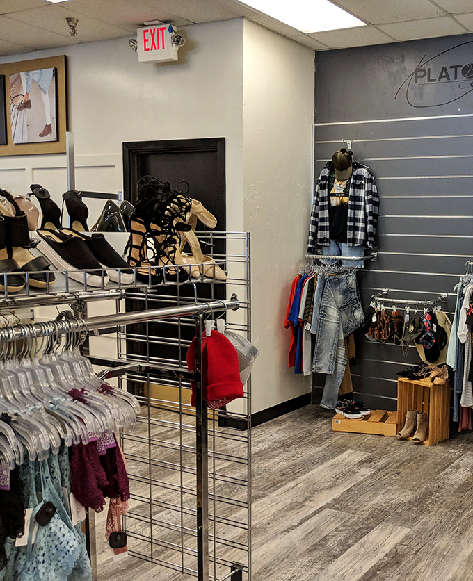 The corner of cool: where strappy heels mingle with flannel and denim, proving that thrifted style is less about rules and more about rewriting the fashion script on your own terms.